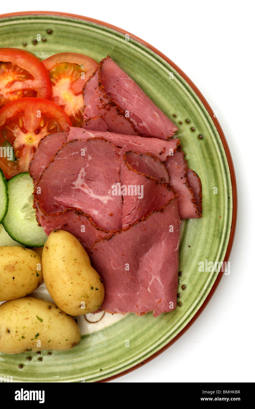 Freshly Prepared Healthy Pastrami Salad With New Boiled Potatoes ...