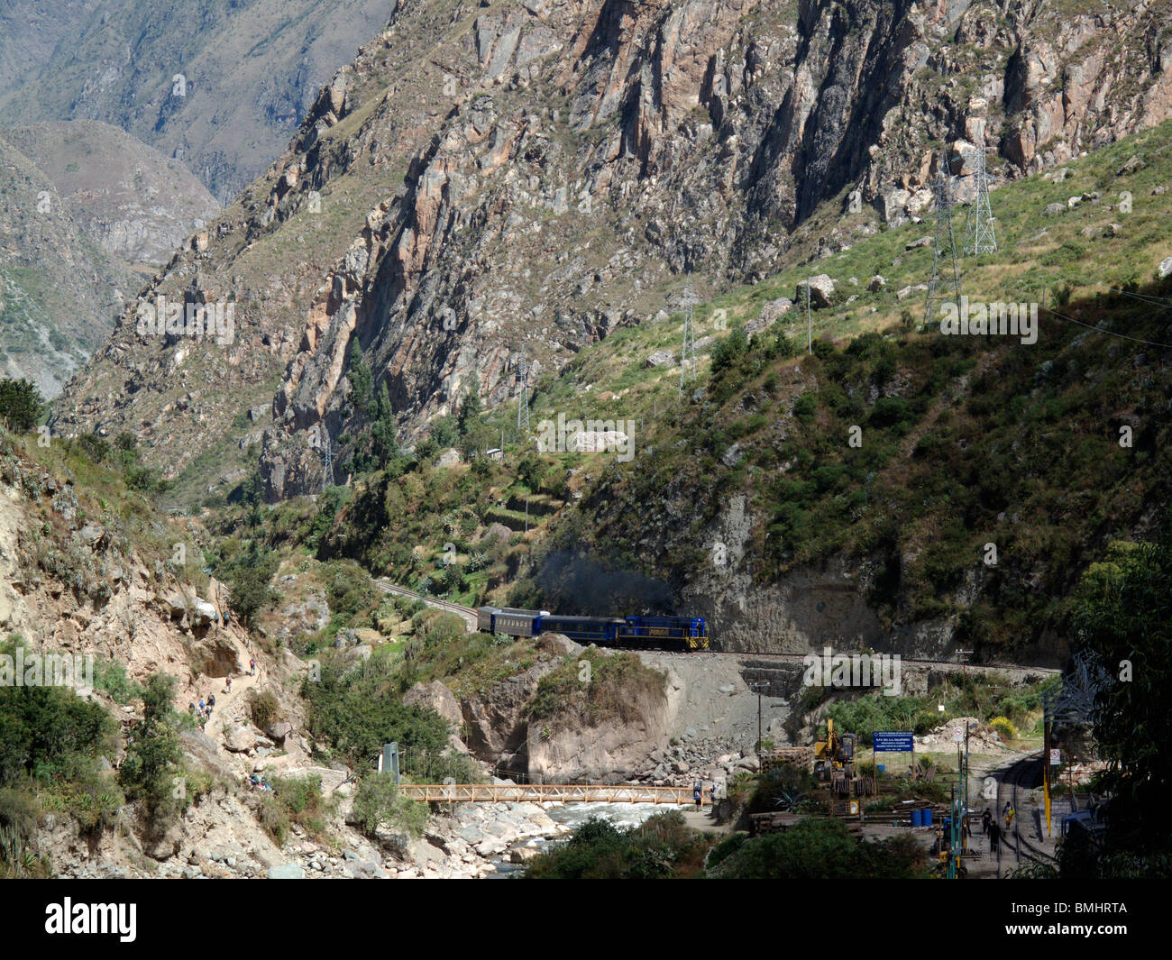A PeruRail train approaches Piscacucho station near Machu Picchu in ...