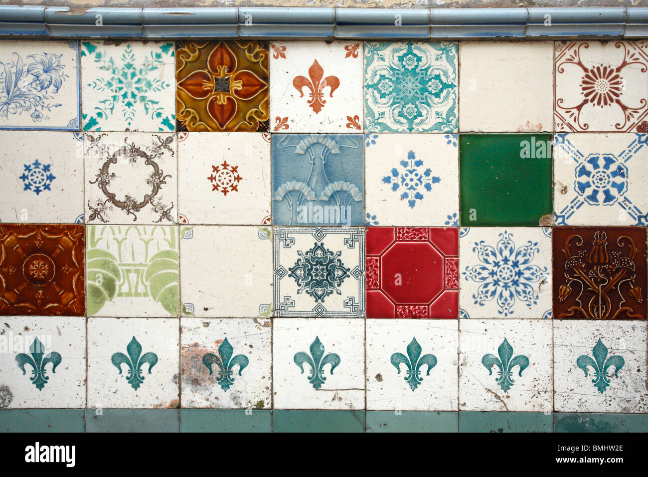 Colorful glazed tiles on the façade of a home in Azores islands ...
