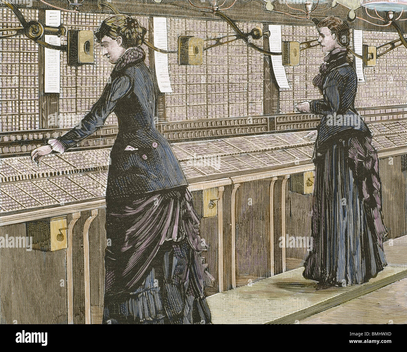 Telephone central office. Switching room and telephonists. Milan. Italy ...