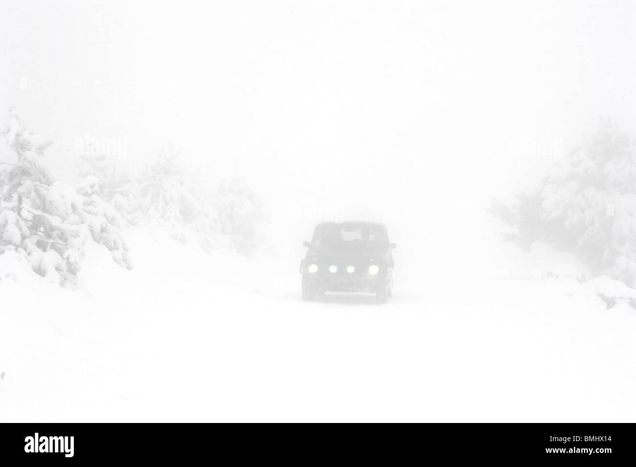 heavy snow on the road in the foggy day Stock Photo - Alamy
