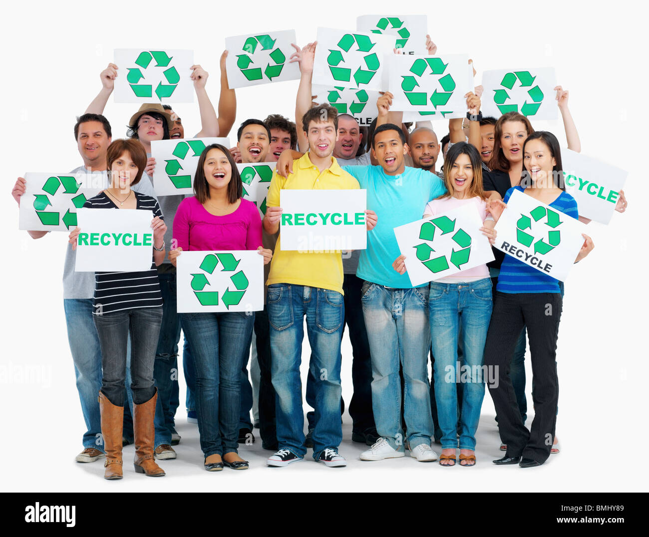 group of people holding recycle signs Stock Photo - Alamy