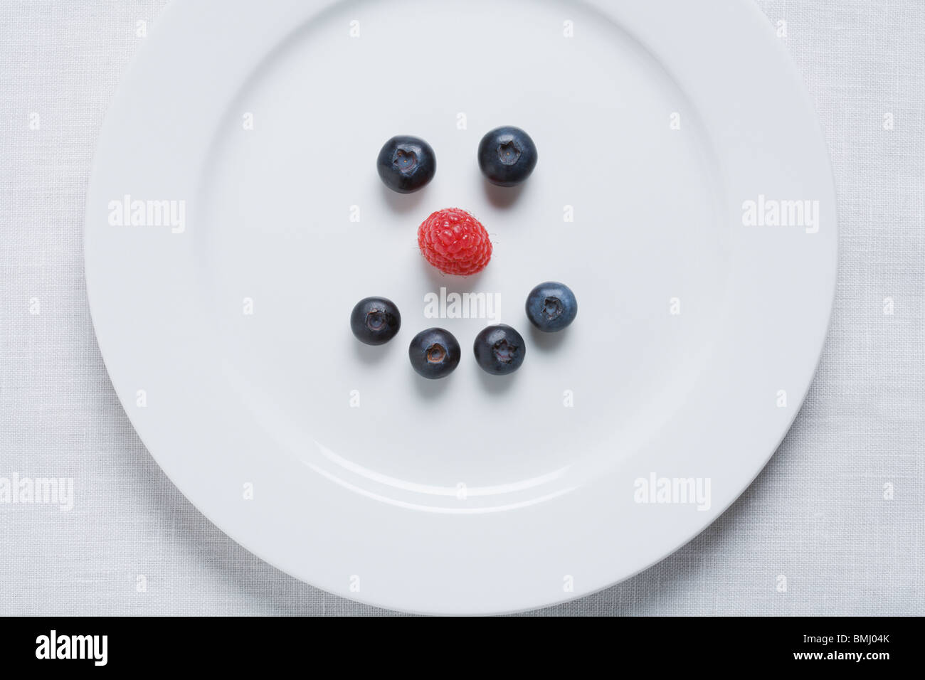 Smiley face of blueberries and raspberry on white plate Stock Photo - Alamy