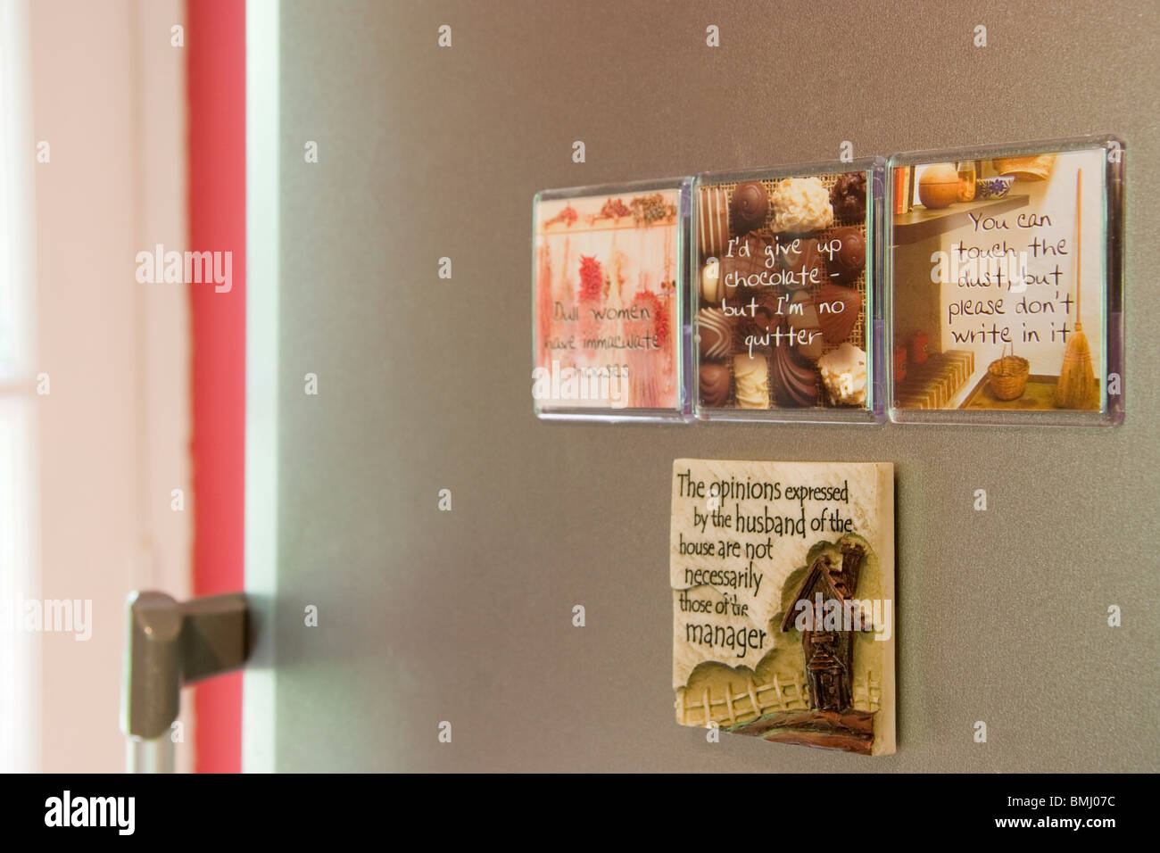 Collection of fridge magnets on a refrigerator door Stock Photo - Alamy