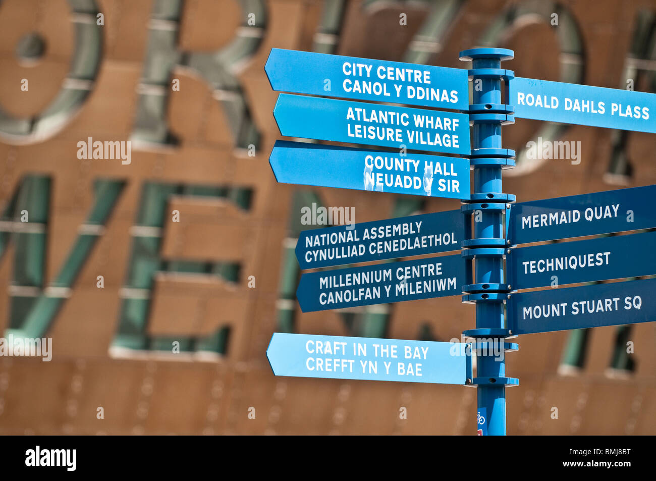 Blue tourist information finger post direction signs outside the Wales ...