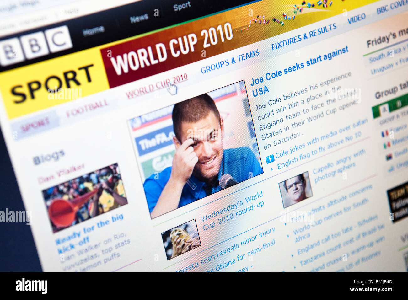 Close up of a computer monitor / screen showing the BBC Sport World Cup ...