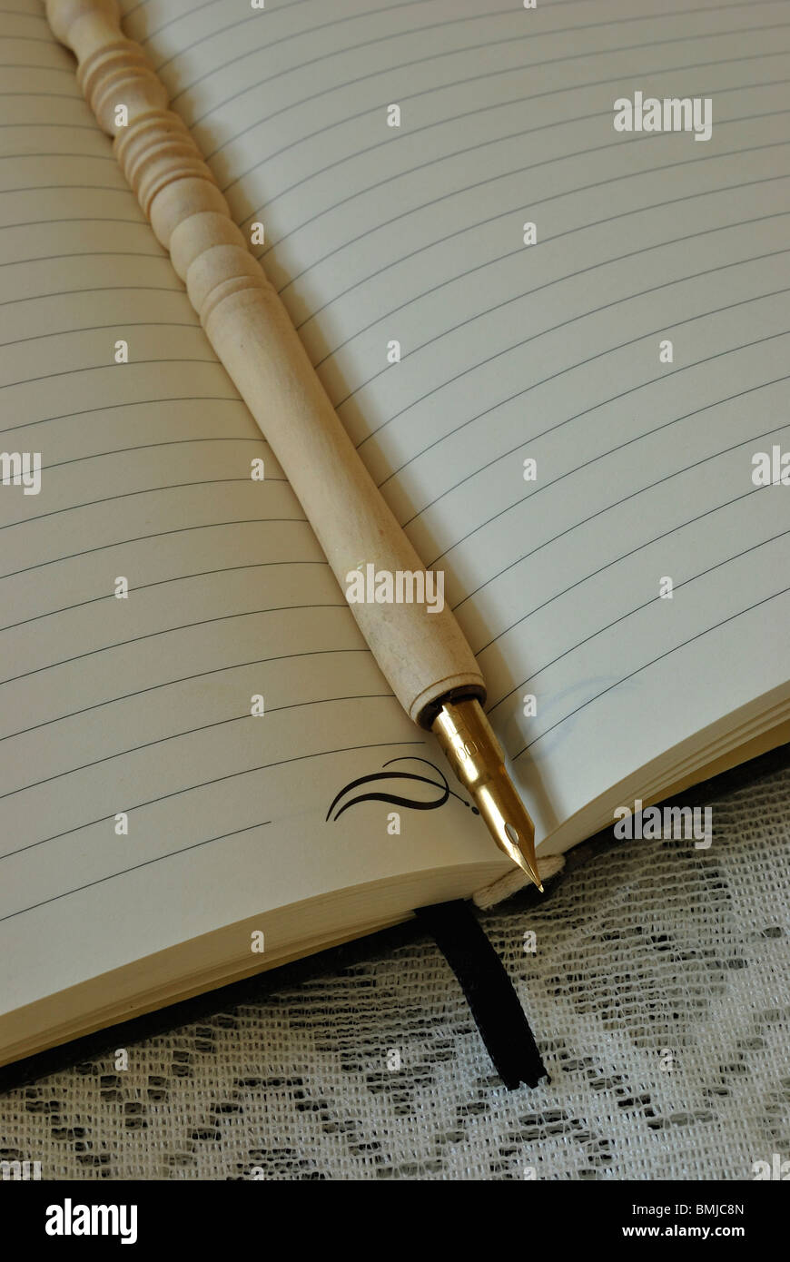 A dip calligraphy pen laying in the center of a notepad or diary Stock ...