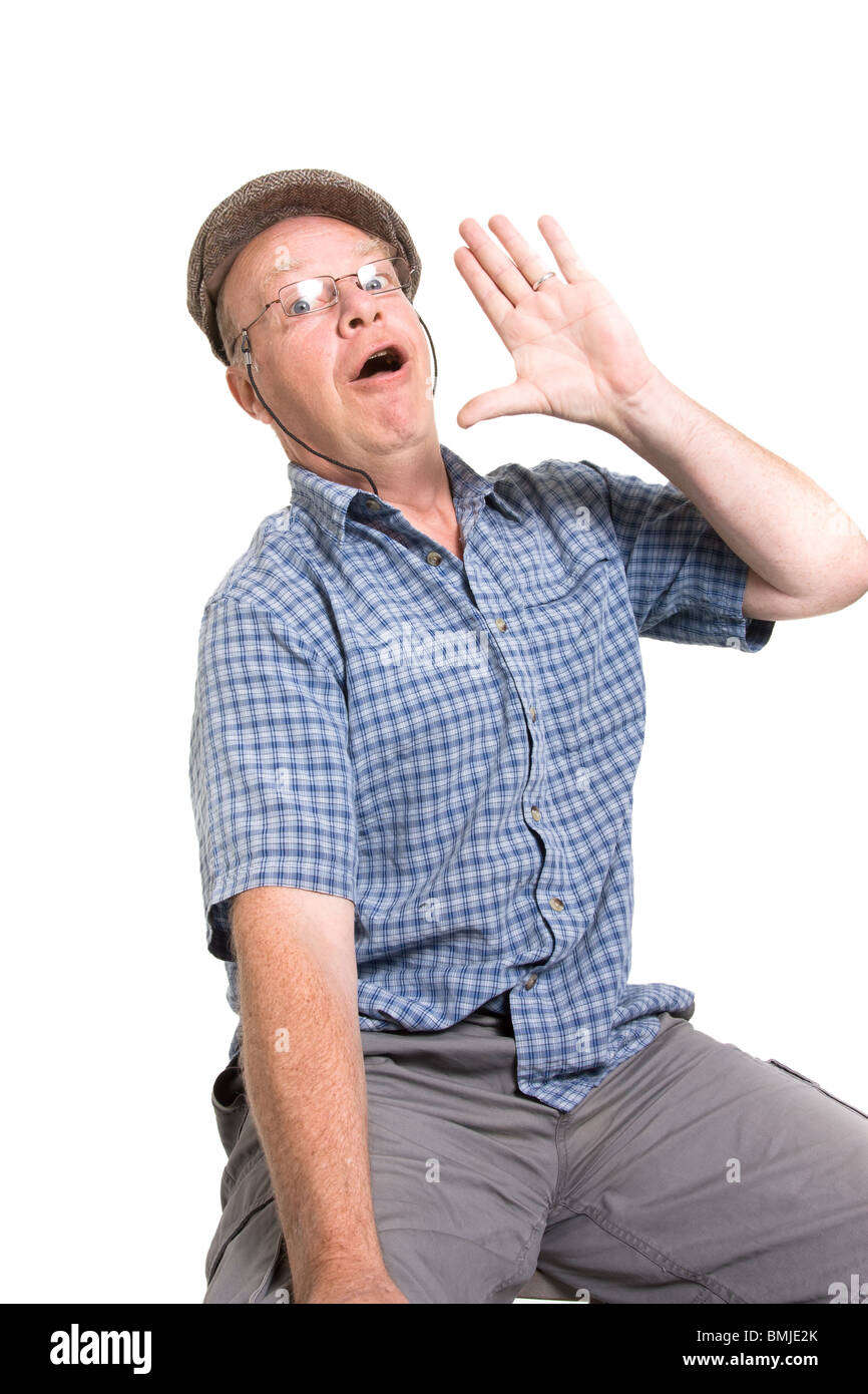 Expressive old man calling isolated against white background Stock ...