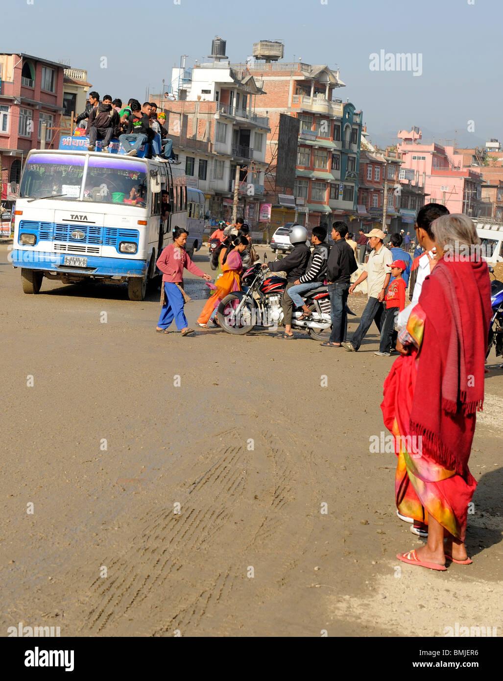 the main road from Kathmandu to Bhaktapur on bisket jatra day , the bus ...