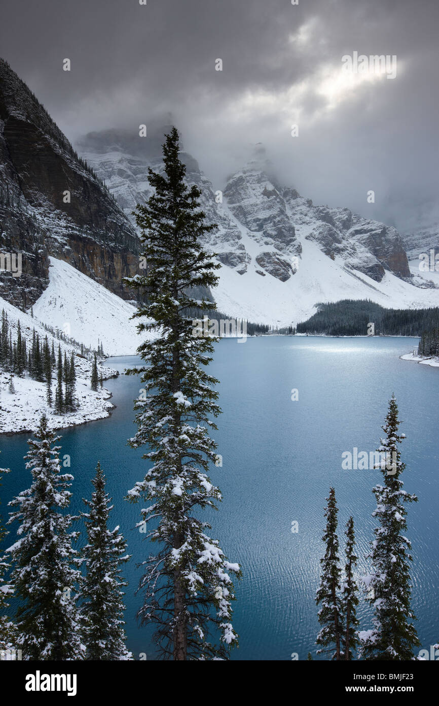 a fresh snowfall at Morraine Lake in the Valley of the Ten Peaks, Banff National Park, Alberta ...