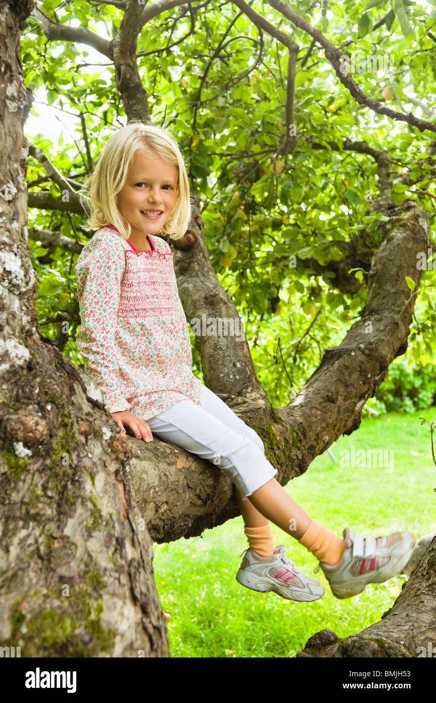 Girl sitting in tree Stock Photo - Alamy