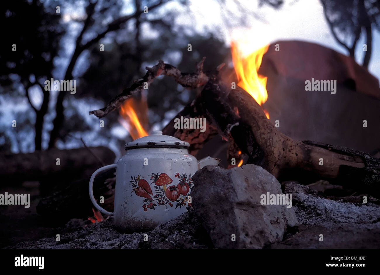 Tea kettle boiling on an open fire at Camp Gunn in the Okavango Delta ...