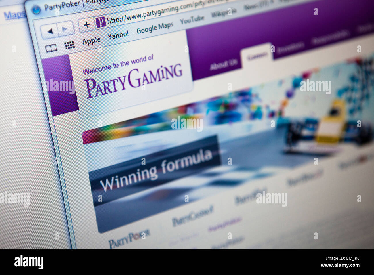 Close up of a computer monitor / screen showing the Party Gaming ...