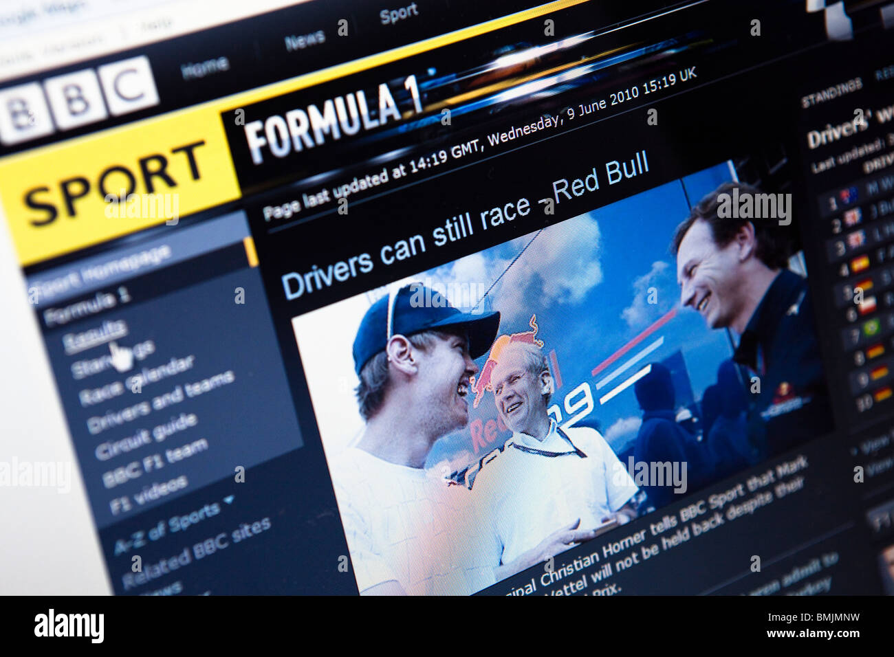 Close up of a computer monitor / screen showing the BBC Sport Formula ...