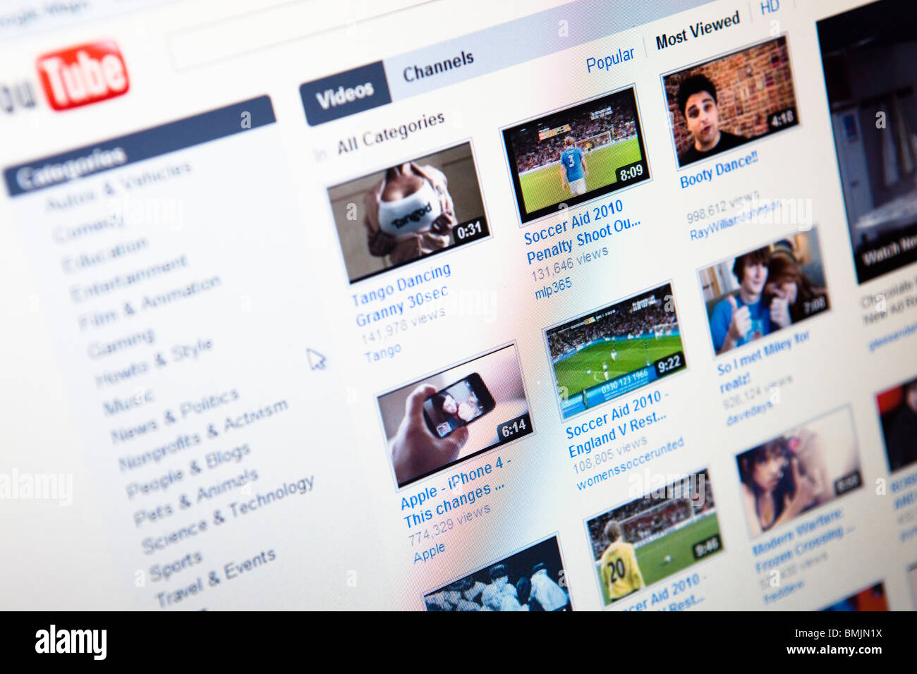Close up of a computer monitor / screen showing the YouTube website ...