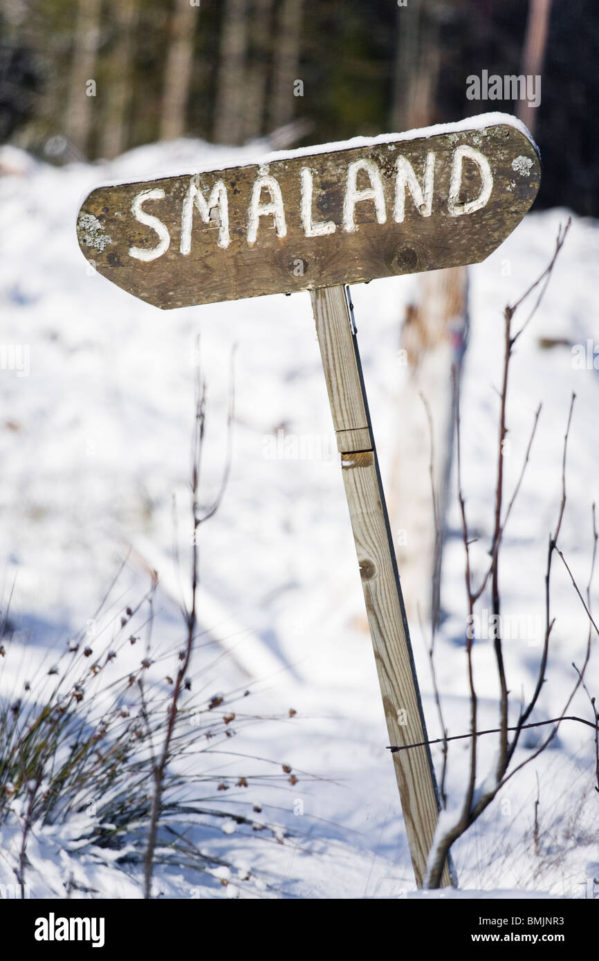 Scandinavian Peninsula, Sweden, Skane, View of road sign in winter ...