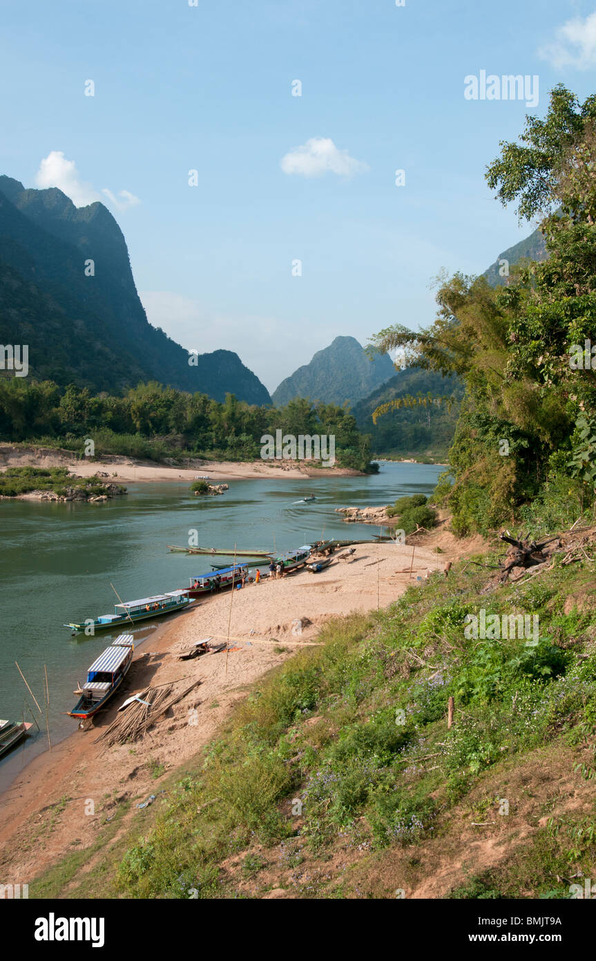 The banks of the Nam Ou river at Muang Ngoi valley looking towards ...