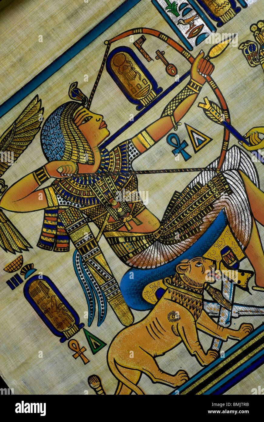 Egypt. Egyptian handicrafts, hand painted papyrus hunting scene. PR ...