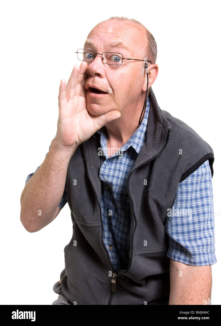 Expressive old man calling isolated against white background Stock ...