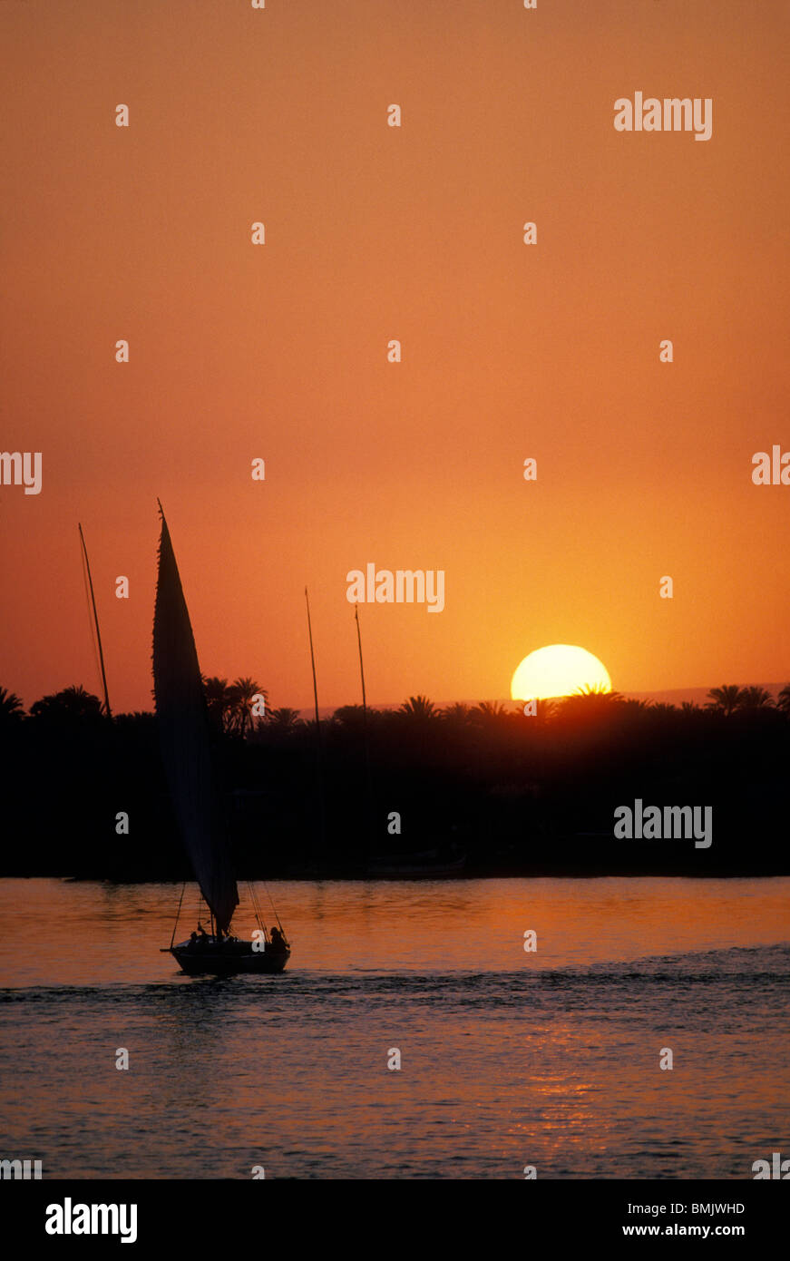 The sunset captures the silhouette of a traditional Egyptian falucca ...