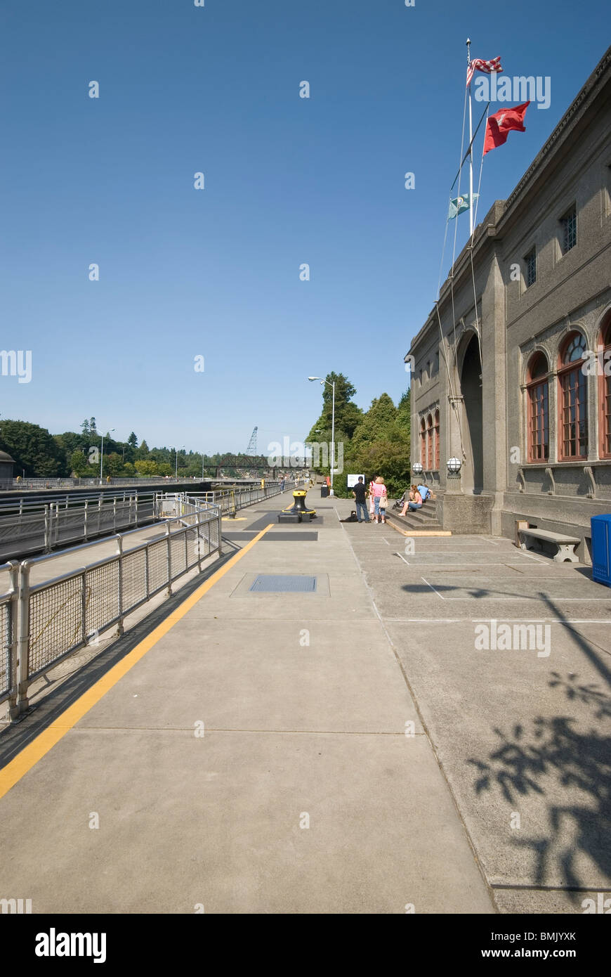 Locks at Ballard, Washington State showing waterway, docks, drawbridge ...