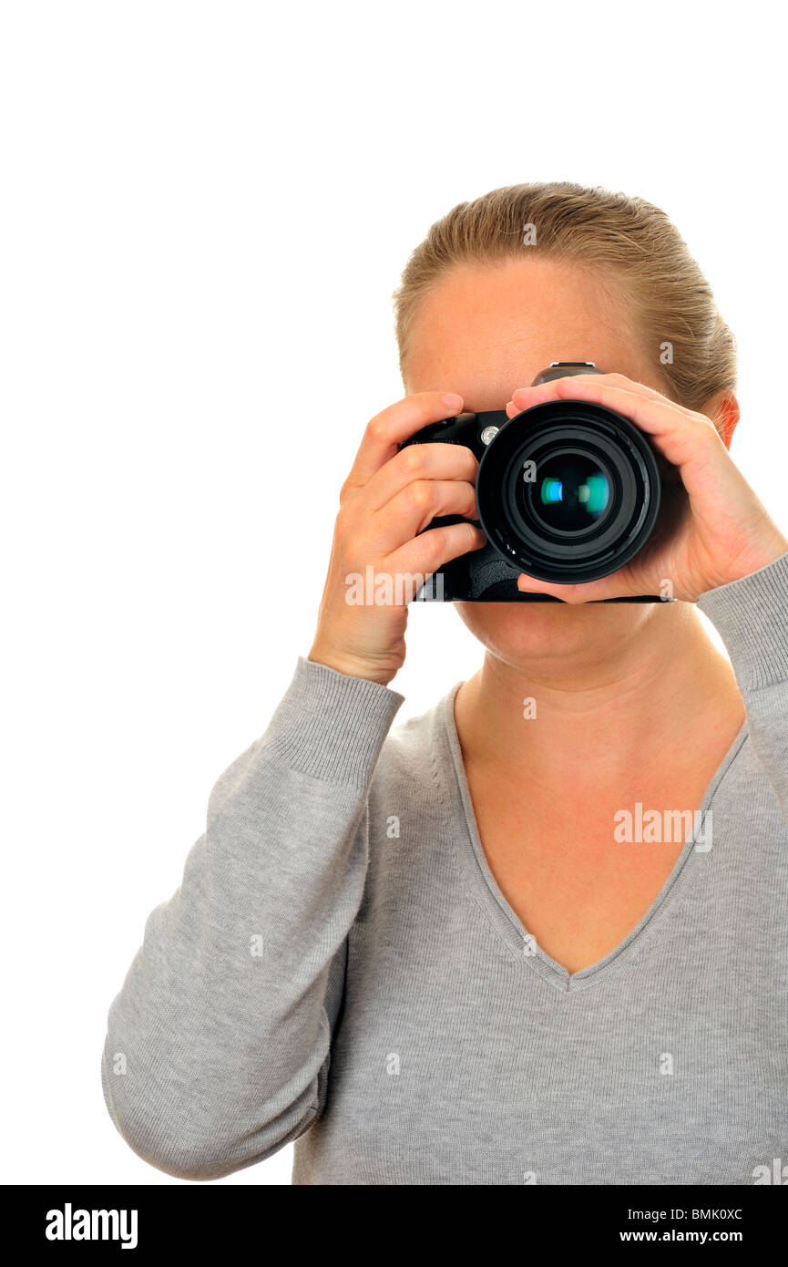 A woman photographer, isolated on white, facing the camera Stock Photo ...