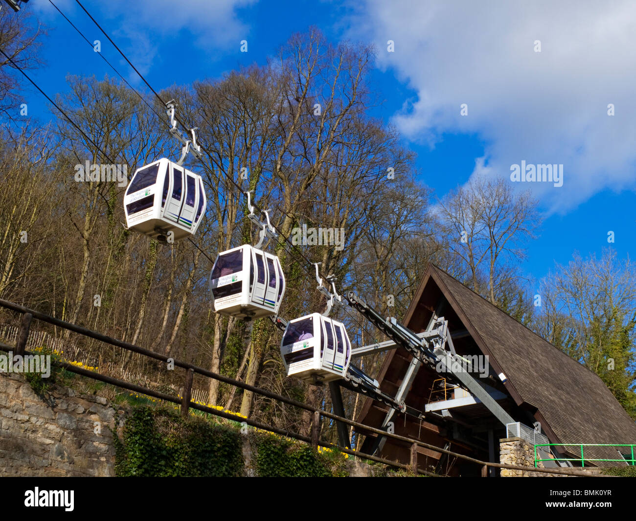Alpine style cable cars at the Heights of Abraham theme park in Matlock ...