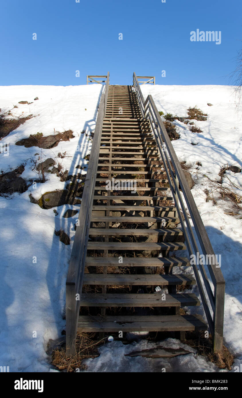 Wooden outdoor staircase to the top of an embankment , Finland Stock ...