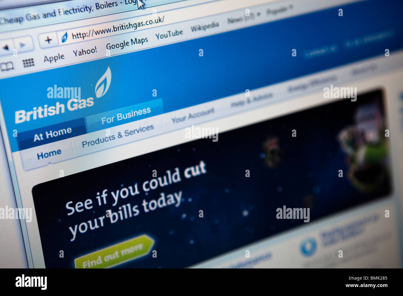 Close up of a computer monitor / screen showing the British Gas website ...