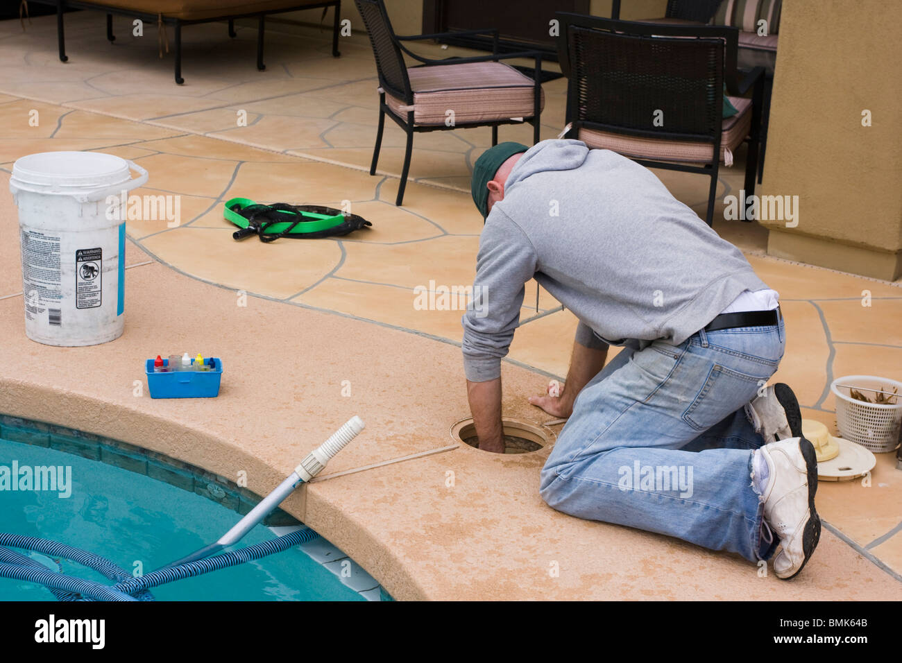 Man cleaning filter trap of a swimming pool Stock Photo - Alamy