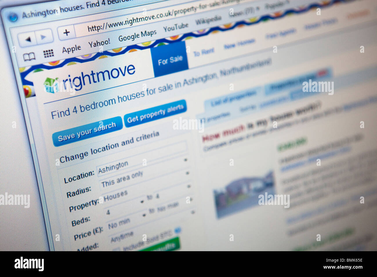 Close up of a computer monitor / screen showing the Rightmove property ...