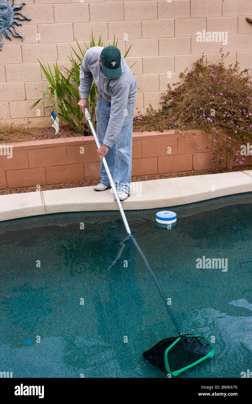 Man cleaning swimming pool with net Stock Photo - Alamy