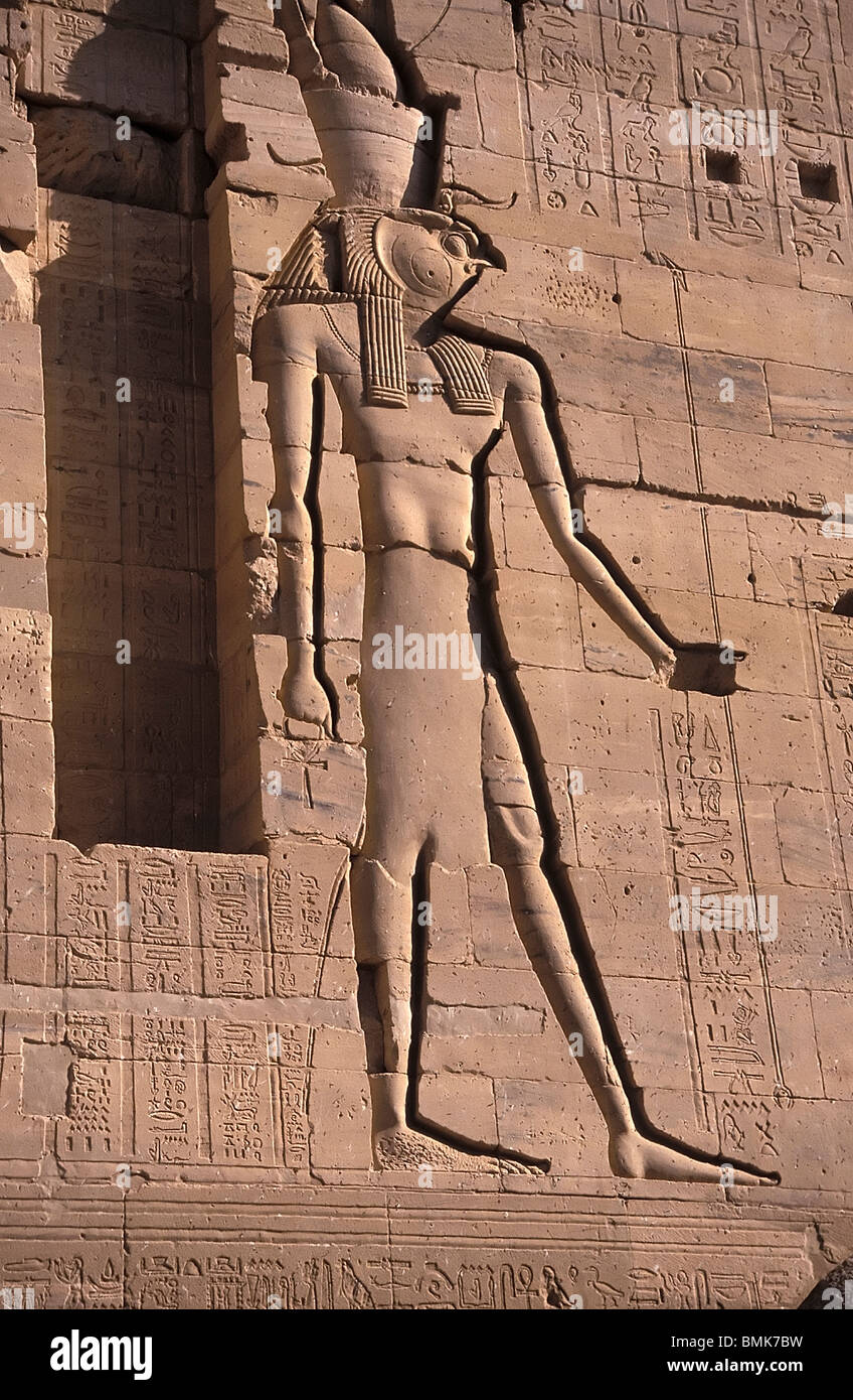 Bas-relief of falcon headed Horus on the First Pylon of the Temple of ...