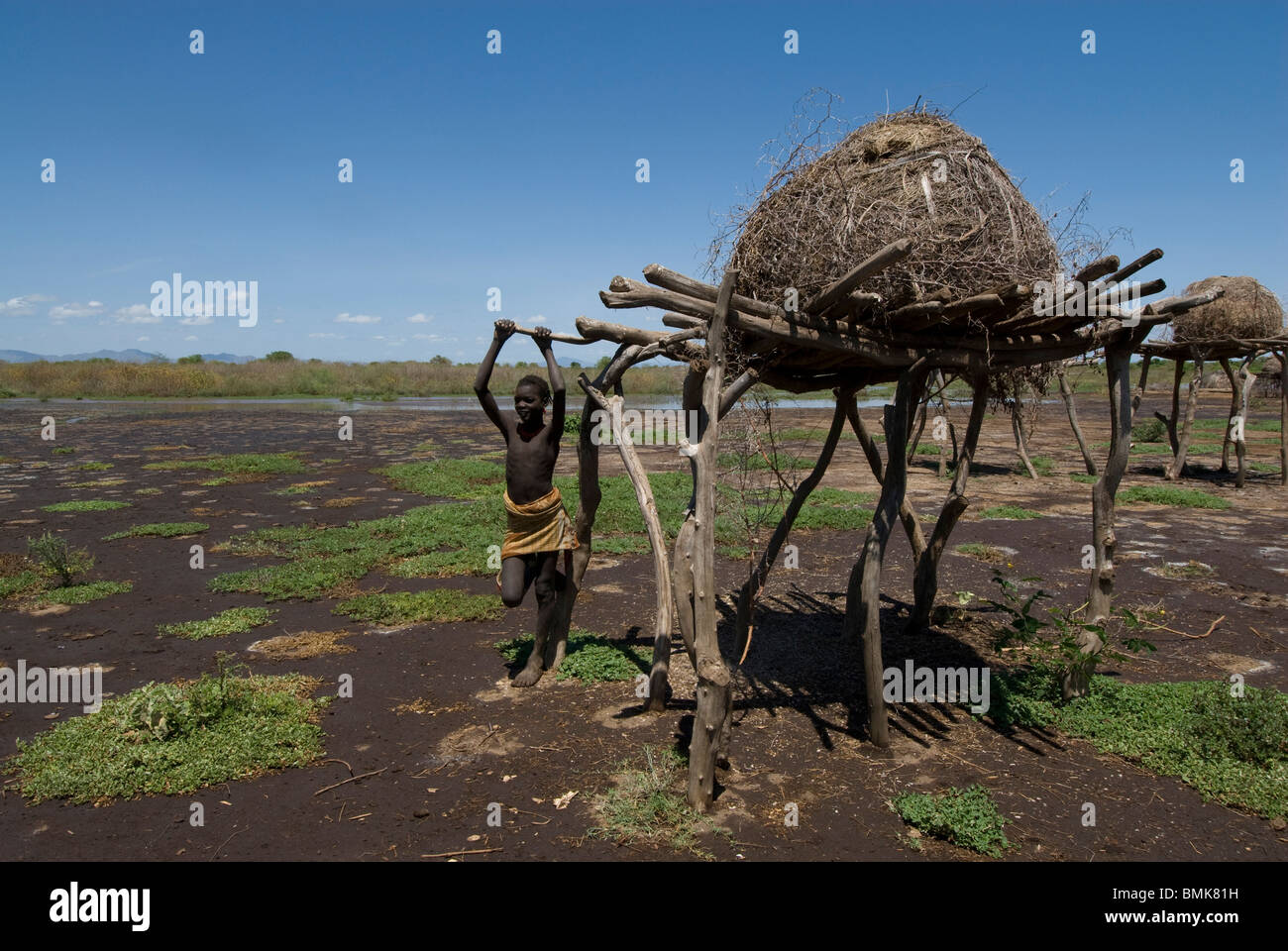 Ethiopia, Lower Omo River Basin, Omo Delta, Dassenech village, boy holding onto pole of granary ...