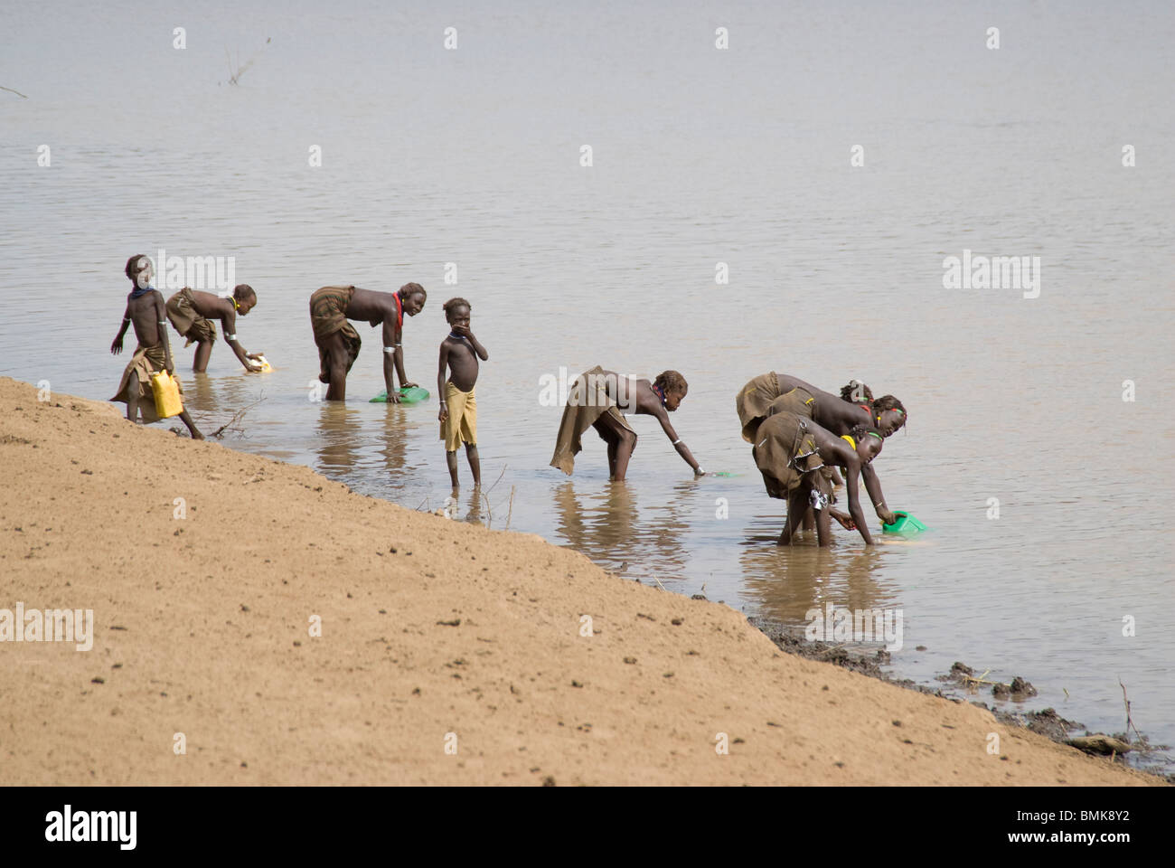 Ethiopia: Lower Omo River Basin, Omo Delta, Dassenech village of Ilokelete, in low water season ...