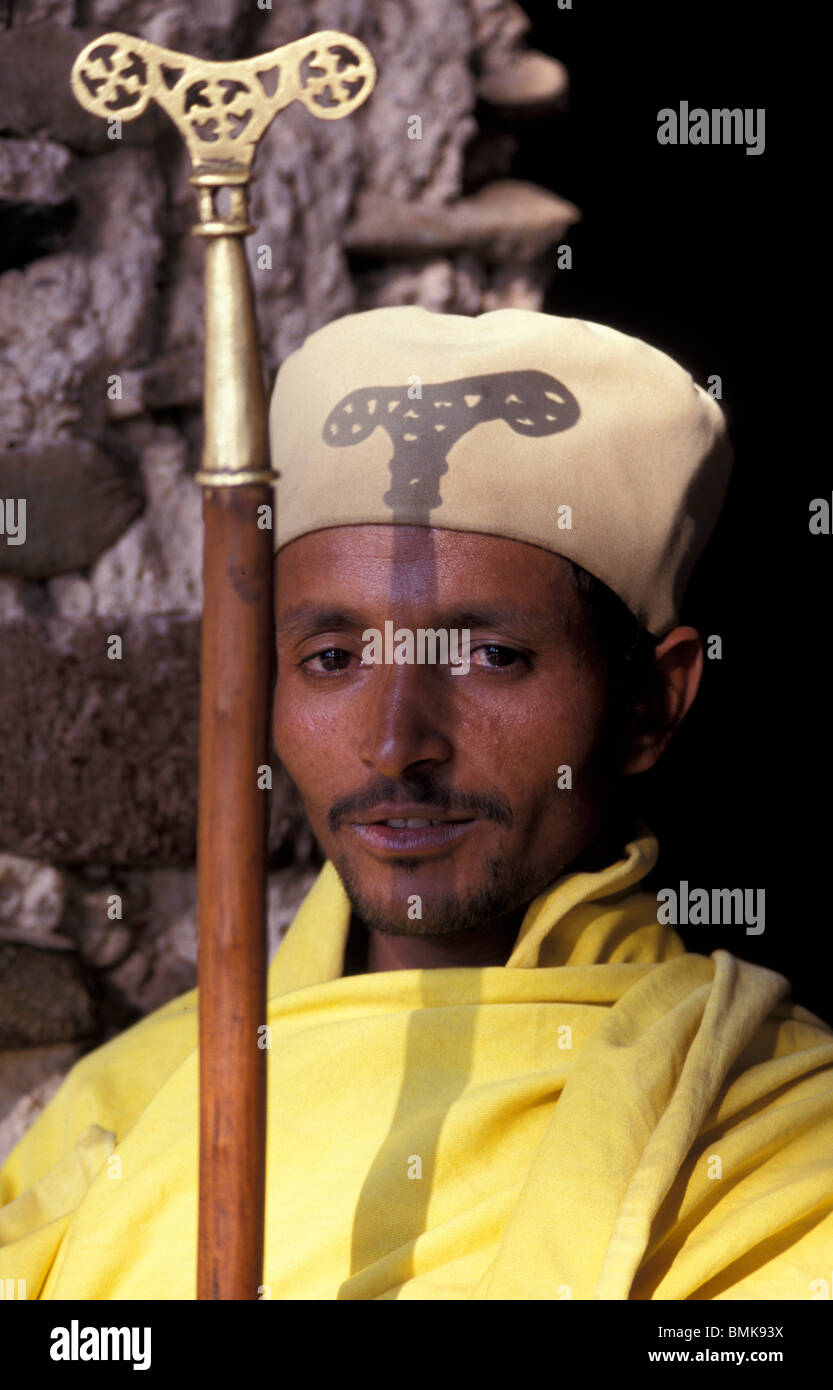 Africa, Ethiopia, Gondar. Debre Birhan Selassie Church, Orthodox monk ...