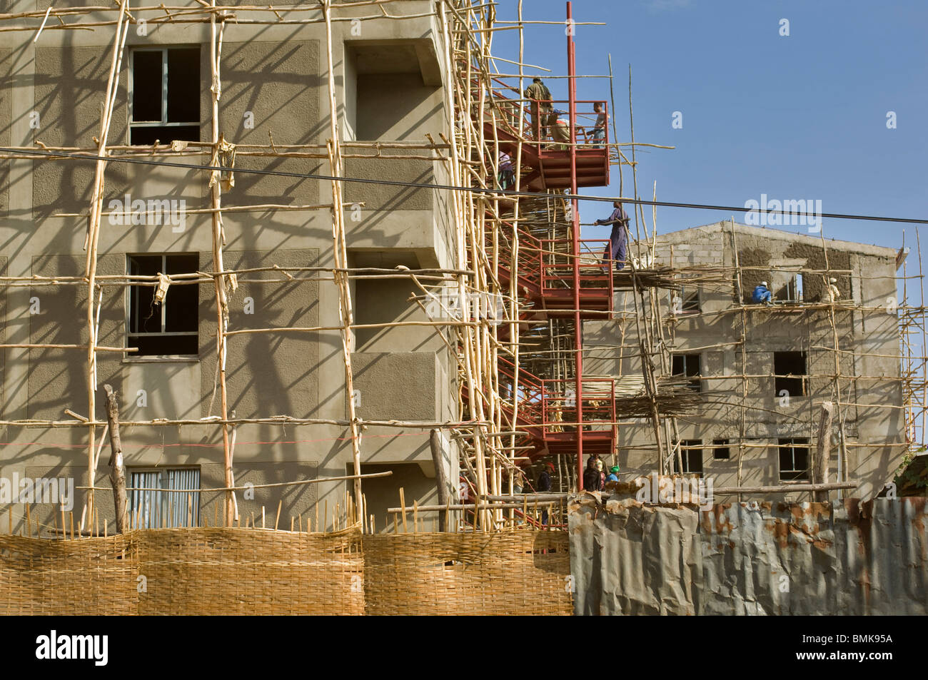 Wooden scaffolding on construction site of new office building in Addis ...