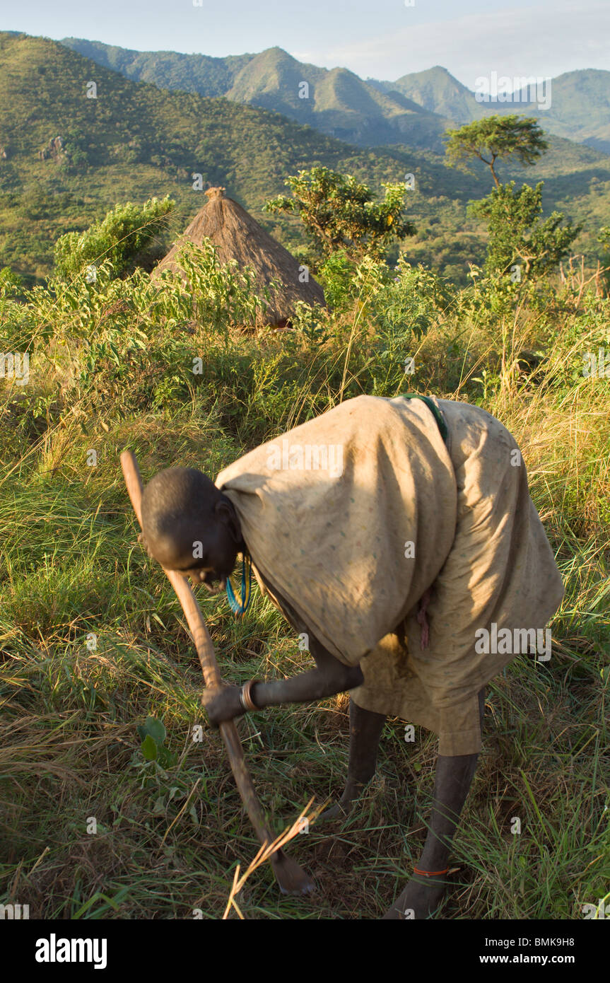 Ethiopia, Omo Region, Ajo village. Suri tribe woman working outside her ...