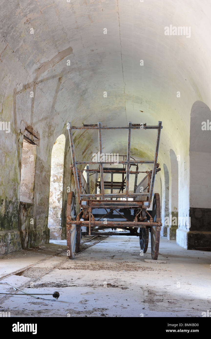 old abandoned horse-drawn wagon in a vaulted store, La Mola, Menorca ...