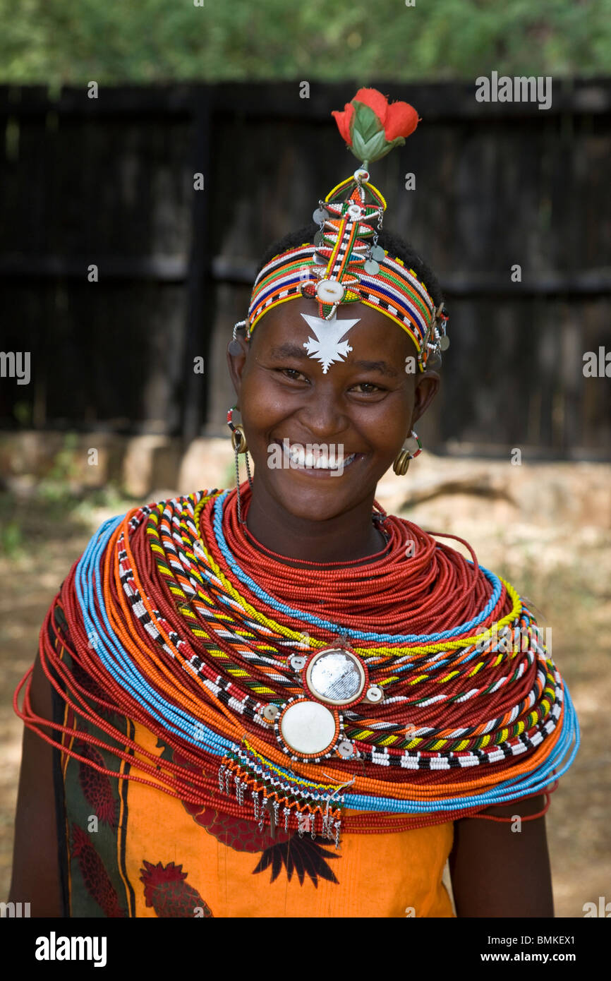 Africa Kenya A Young Samburu Woman In Colorful Traditional Dress At