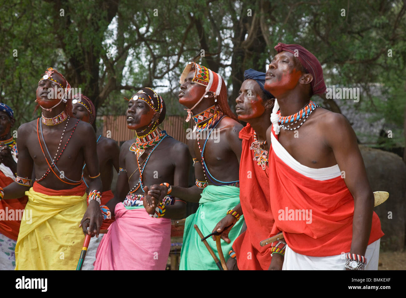 Africa. Kenya. Young Samburu morani dance with women in colorful ...