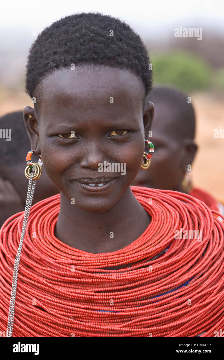 Africa Kenya A Young Samburu Woman In Colorful Traditional Dress At