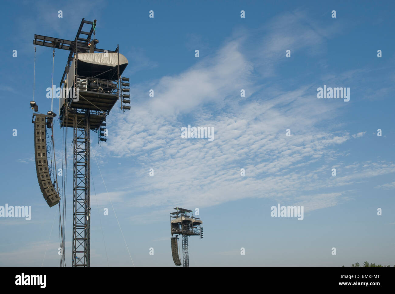 Lighting and sound delay towers, at outdoor concert, Ward Park, Bangor Stock Photo - Alamy