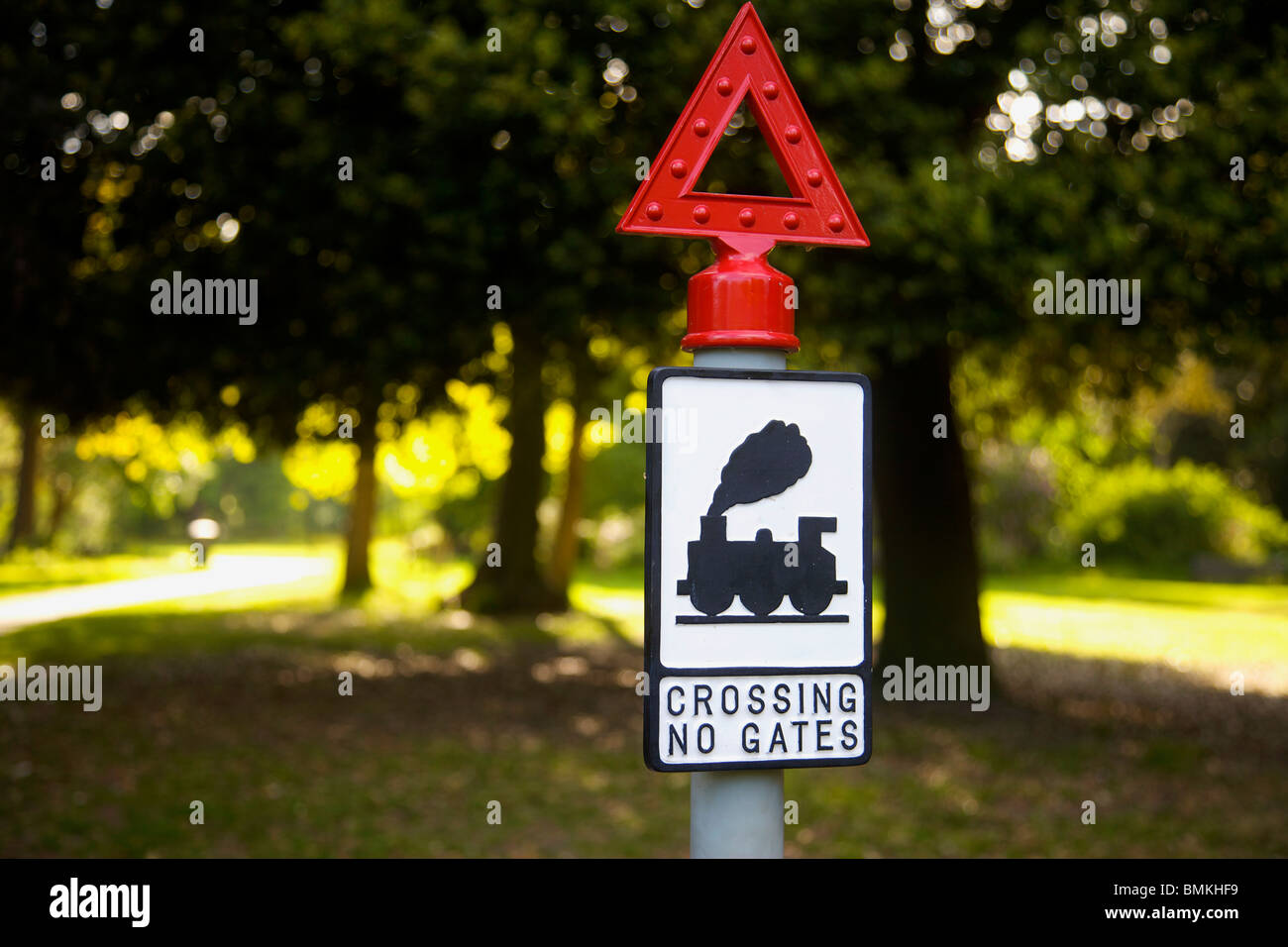 Warning sign for a miniature railway in a Bognor Regis park Stock Photo ...