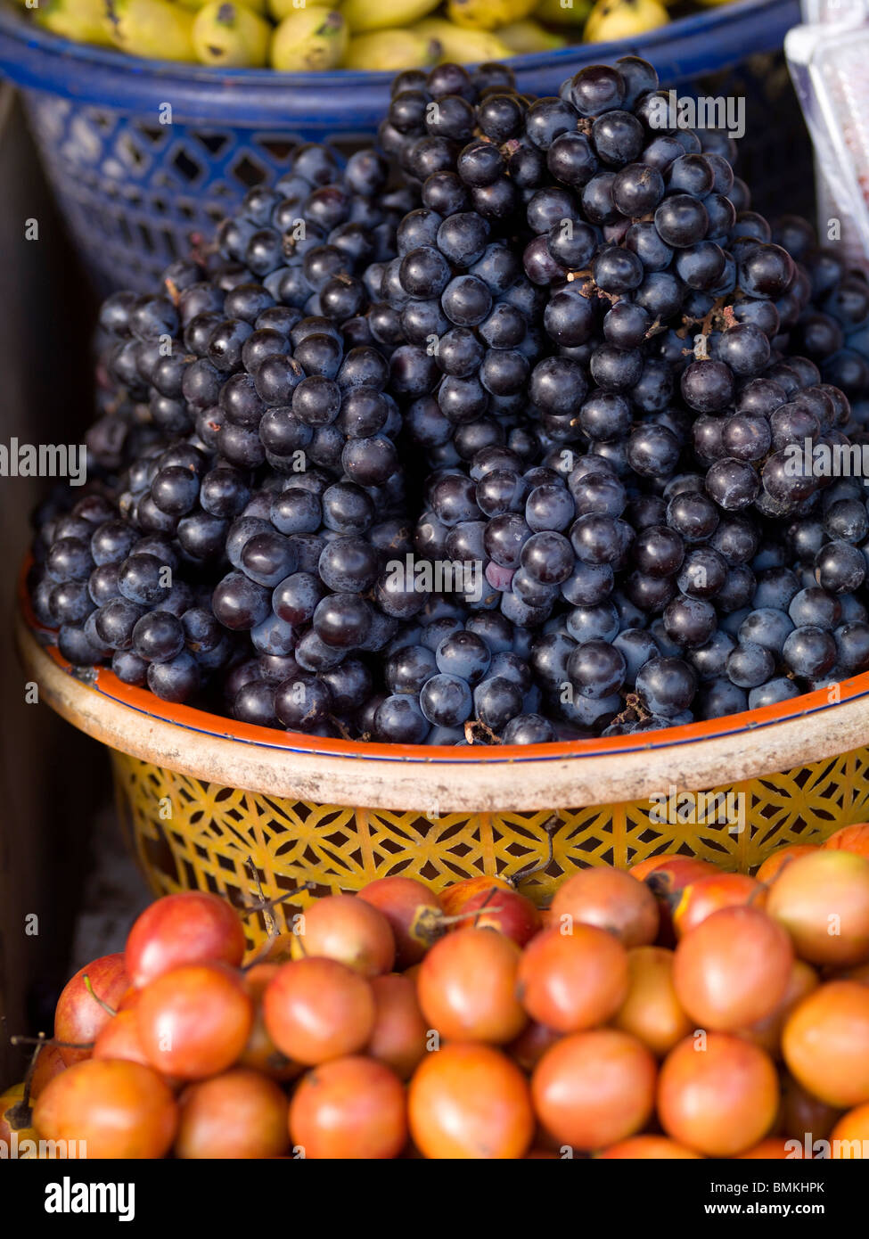 Grapes And Mangosteens, Bali, Asia; Baskets Of Fruits In A Market Stock ...