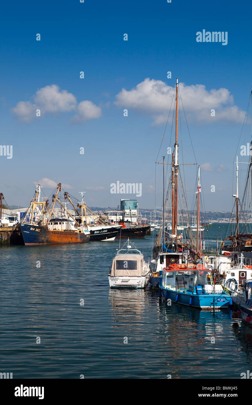UK, England, Devon, Brixham boats moored in the fishing harbour and ...