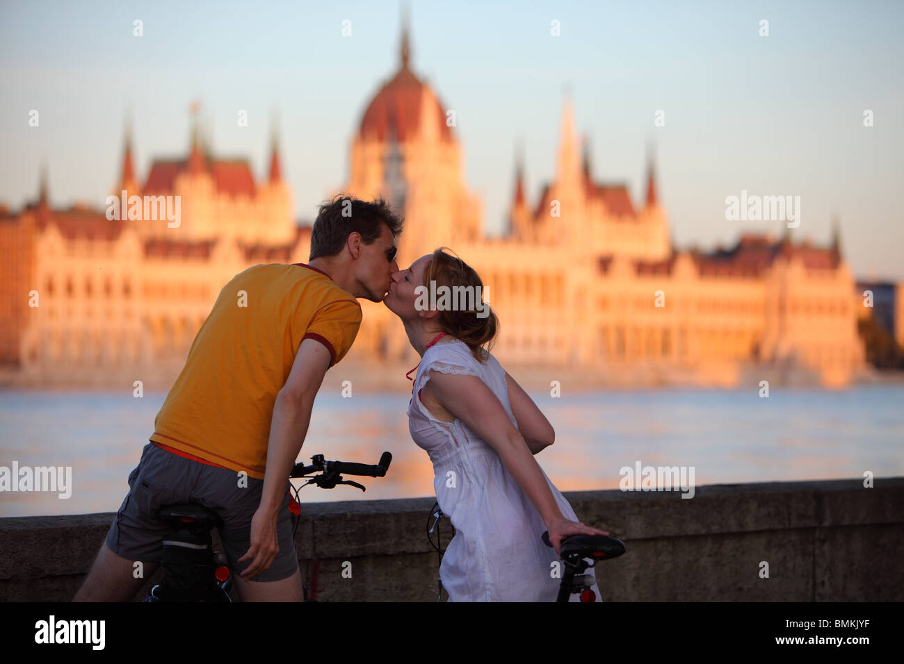 Budapest, Hungary, romantic couple and parliament sunset Stock Photo ...