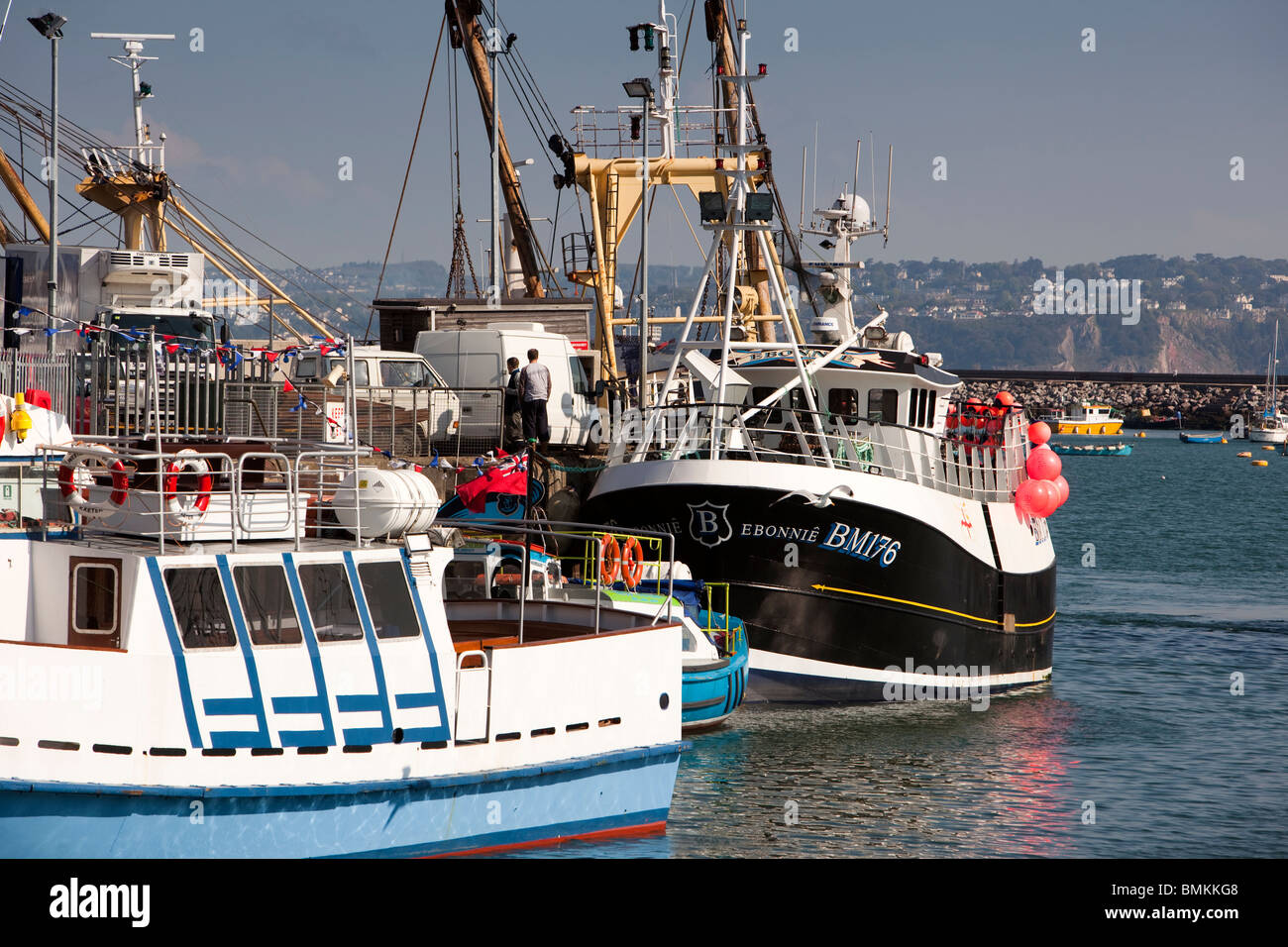 UK, England, Devon, Brixham fishing boats moored in the harbour Stock ...
