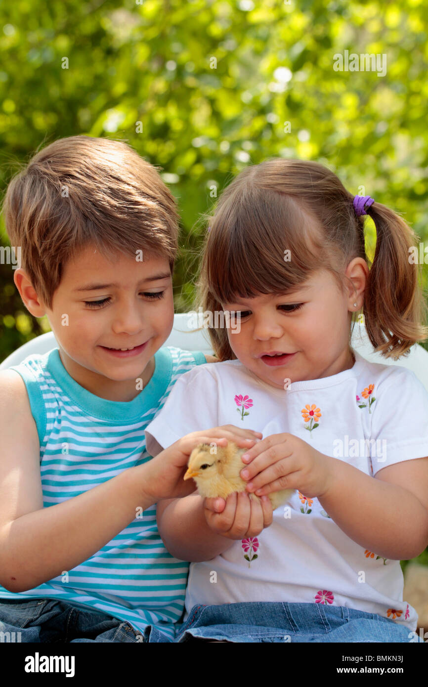 Kids and chick Stock Photo - Alamy