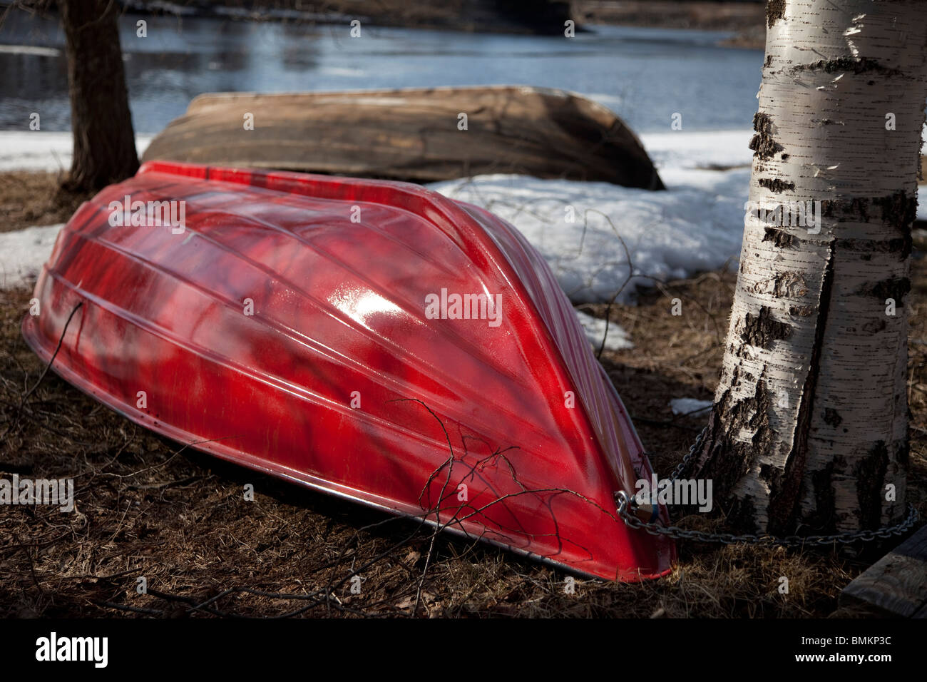 Upturned small red fiberglass rowboat / skiff / dinghy at early Spring ...